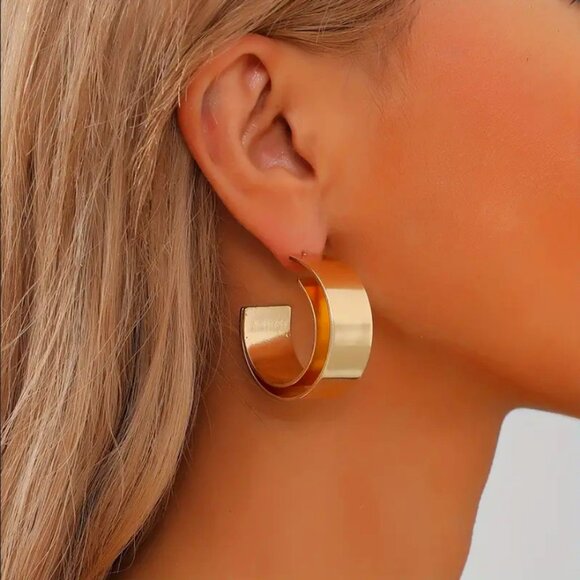 Jewelry | 14k Gold Womens Large Chunky Double Row Hoop Earrings Ladies ...